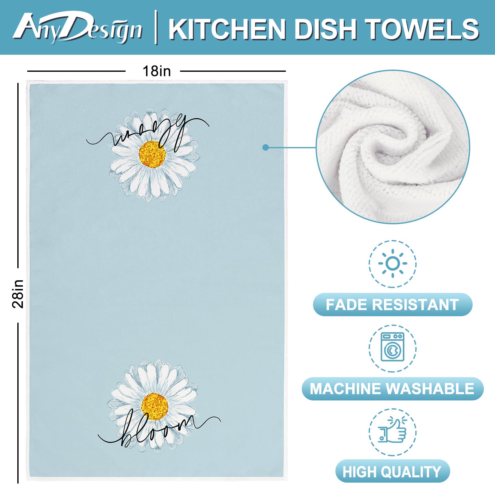 AnyDesign Watercolor Daisy Flower Kitchen Dish Towel Sunshine Blessed Bloom Spring Dishcloth 18 x 28 Inch Blue White Floral Bloom Hand Drying Tea Towel for Cooking Cleaning Wipes Supplies, Set of 4