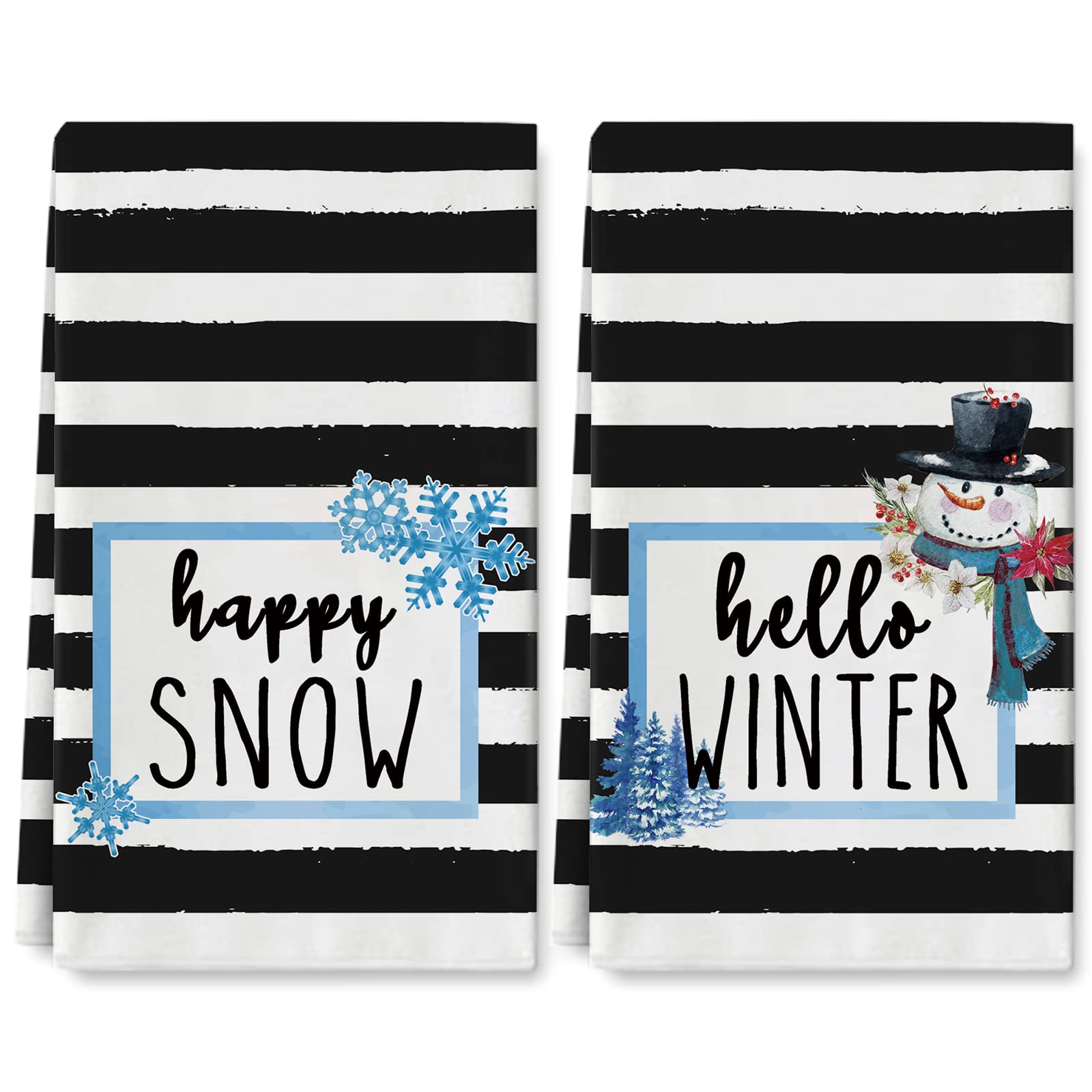 AnyDesign Hello Winter Kitchen Towel White Black Stripe Dish Towel Christmas Snowman Snowflake Happy Snow Tea Towel Xmas Hand Drying Towel for Farmhouse Cooking Baking, 18 x 28 Inch, 2 Pack