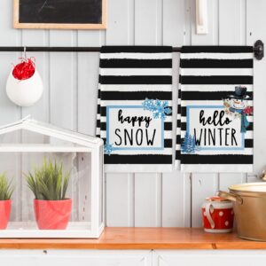 AnyDesign Hello Winter Kitchen Towel White Black Stripe Dish Towel Christmas Snowman Snowflake Happy Snow Tea Towel Xmas Hand Drying Towel for Farmhouse Cooking Baking, 18 x 28 Inch, 2 Pack