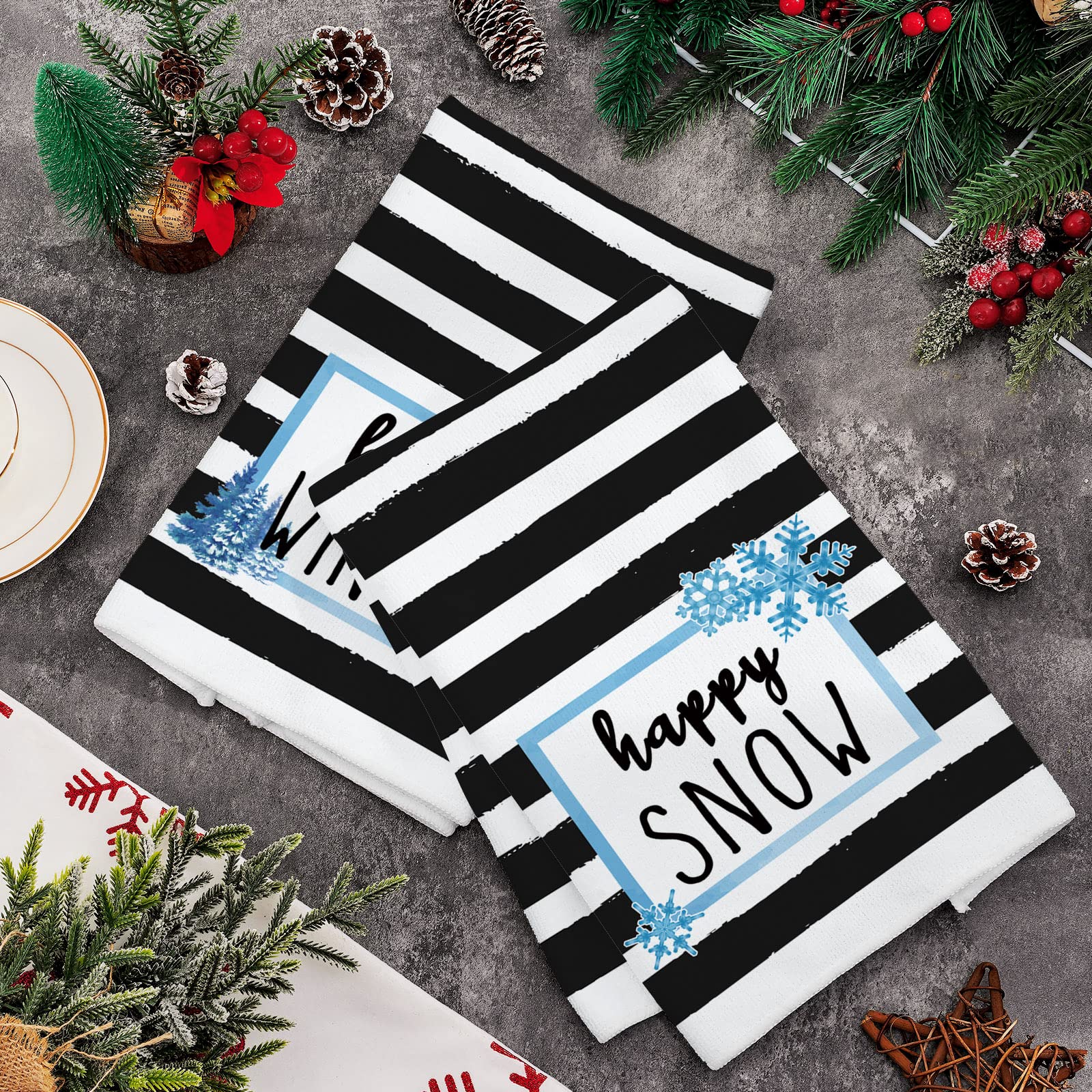 AnyDesign Hello Winter Kitchen Towel White Black Stripe Dish Towel Christmas Snowman Snowflake Happy Snow Tea Towel Xmas Hand Drying Towel for Farmhouse Cooking Baking, 18 x 28 Inch, 2 Pack