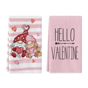 artoid mode pink stripes gnomes happy valentine kitchen towels dish towels, 18x26 inch seasonal valentine's day decoration hand towels set of 2