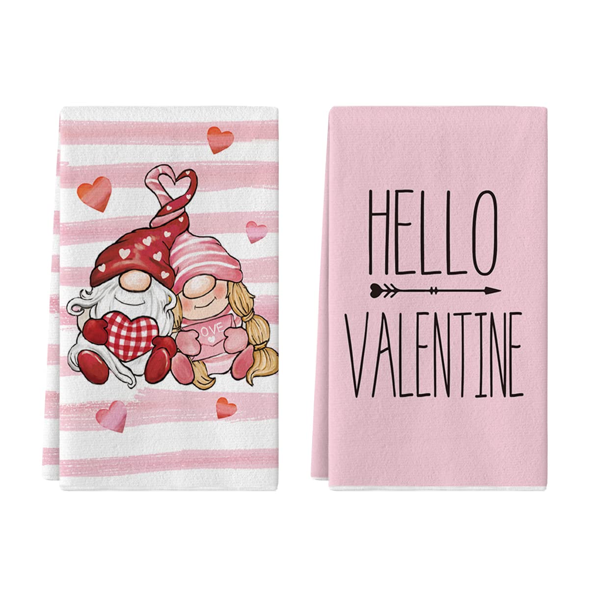 Artoid Mode Pink Stripes Gnomes Happy Valentine Kitchen Towels Dish Towels, 18x26 Inch Seasonal Valentine's Day Decoration Hand Towels Set of 2