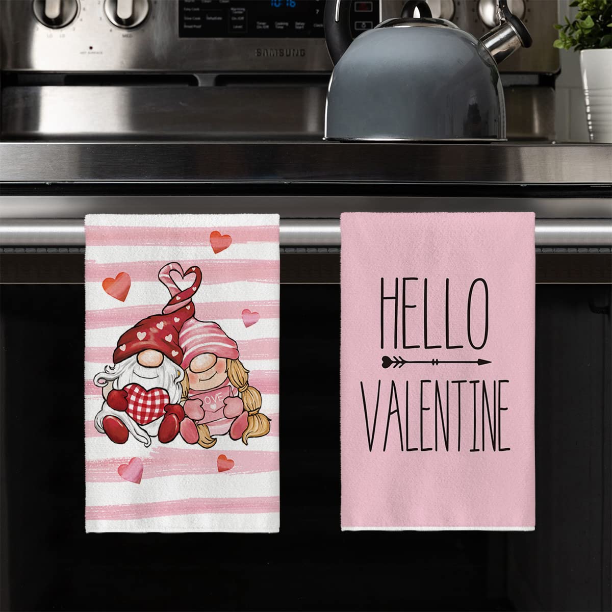 Artoid Mode Pink Stripes Gnomes Happy Valentine Kitchen Towels Dish Towels, 18x26 Inch Seasonal Valentine's Day Decoration Hand Towels Set of 2