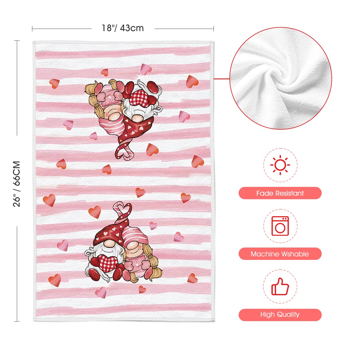 Artoid Mode Pink Stripes Gnomes Happy Valentine Kitchen Towels Dish Towels, 18x26 Inch Seasonal Valentine's Day Decoration Hand Towels Set of 2