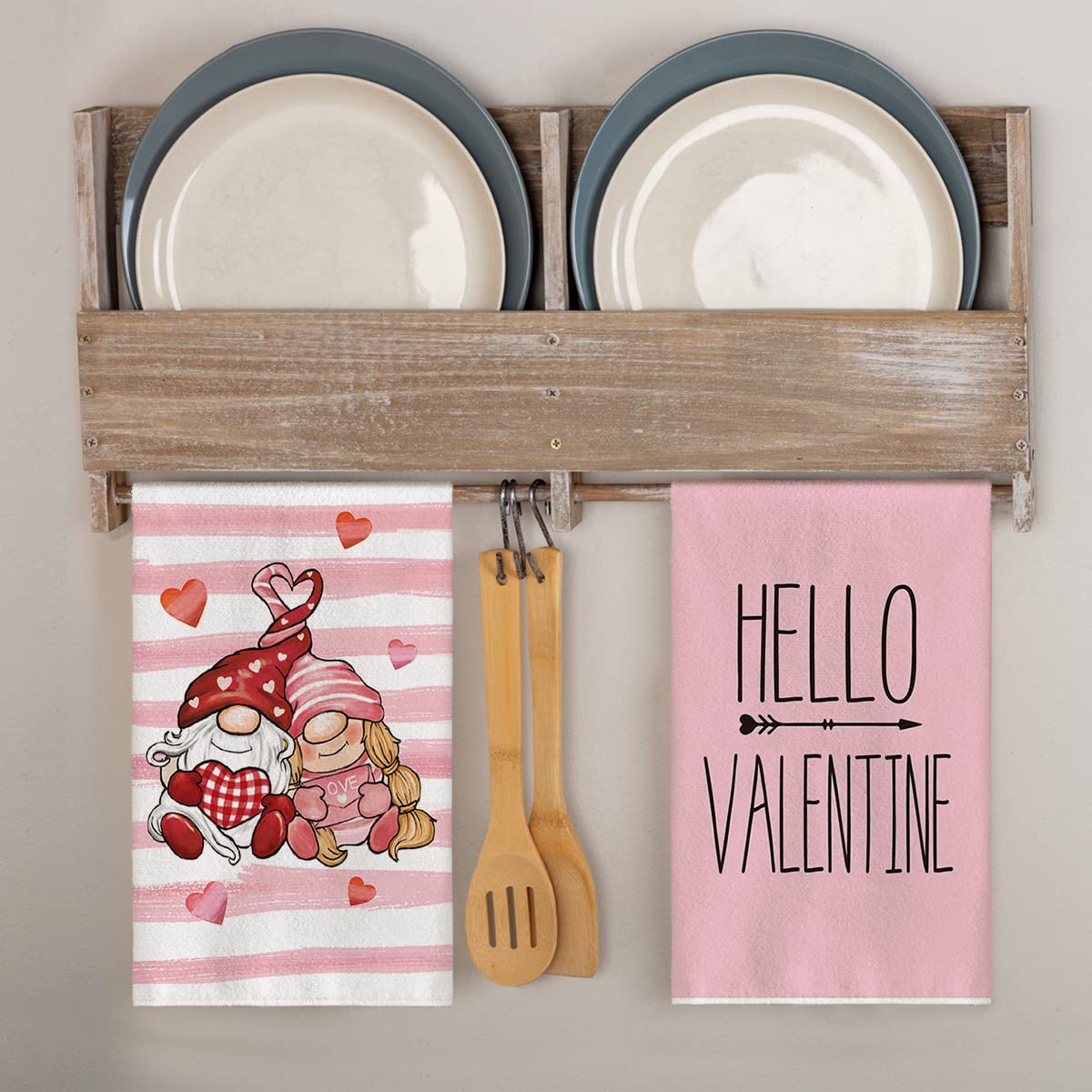 Artoid Mode Pink Stripes Gnomes Happy Valentine Kitchen Towels Dish Towels, 18x26 Inch Seasonal Valentine's Day Decoration Hand Towels Set of 2