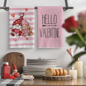 Artoid Mode Pink Stripes Gnomes Happy Valentine Kitchen Towels Dish Towels, 18x26 Inch Seasonal Valentine's Day Decoration Hand Towels Set of 2