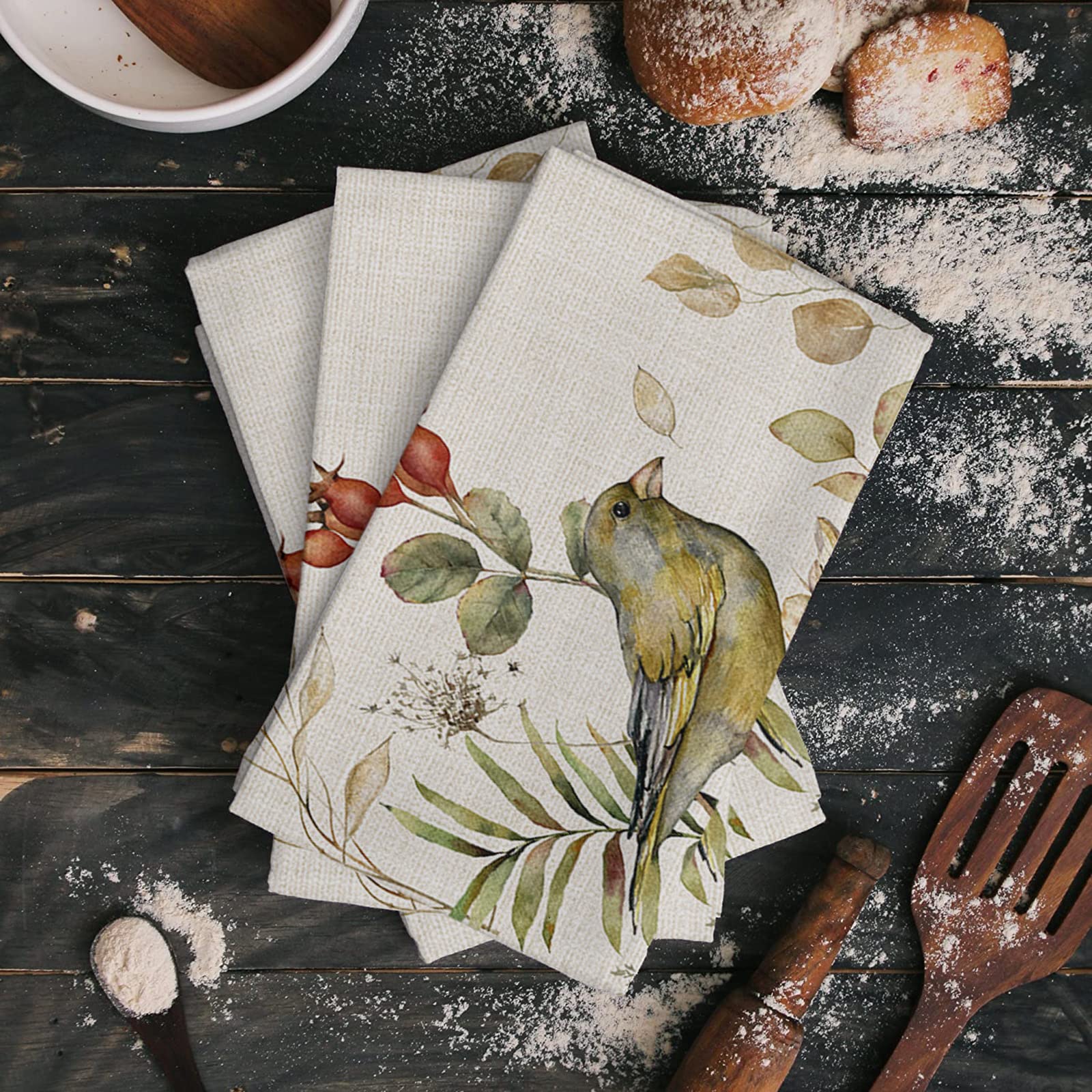 1 PCS Fall Birds Eucalyptus Kitchen Towels 18"x28" Absorbent Cleaning Cloths for Drying Dish,Reusable Kitchen Soft Terry Hand Tower Vintage Rustic Farmhouse Leaves Sunflower Washable Dish Towel