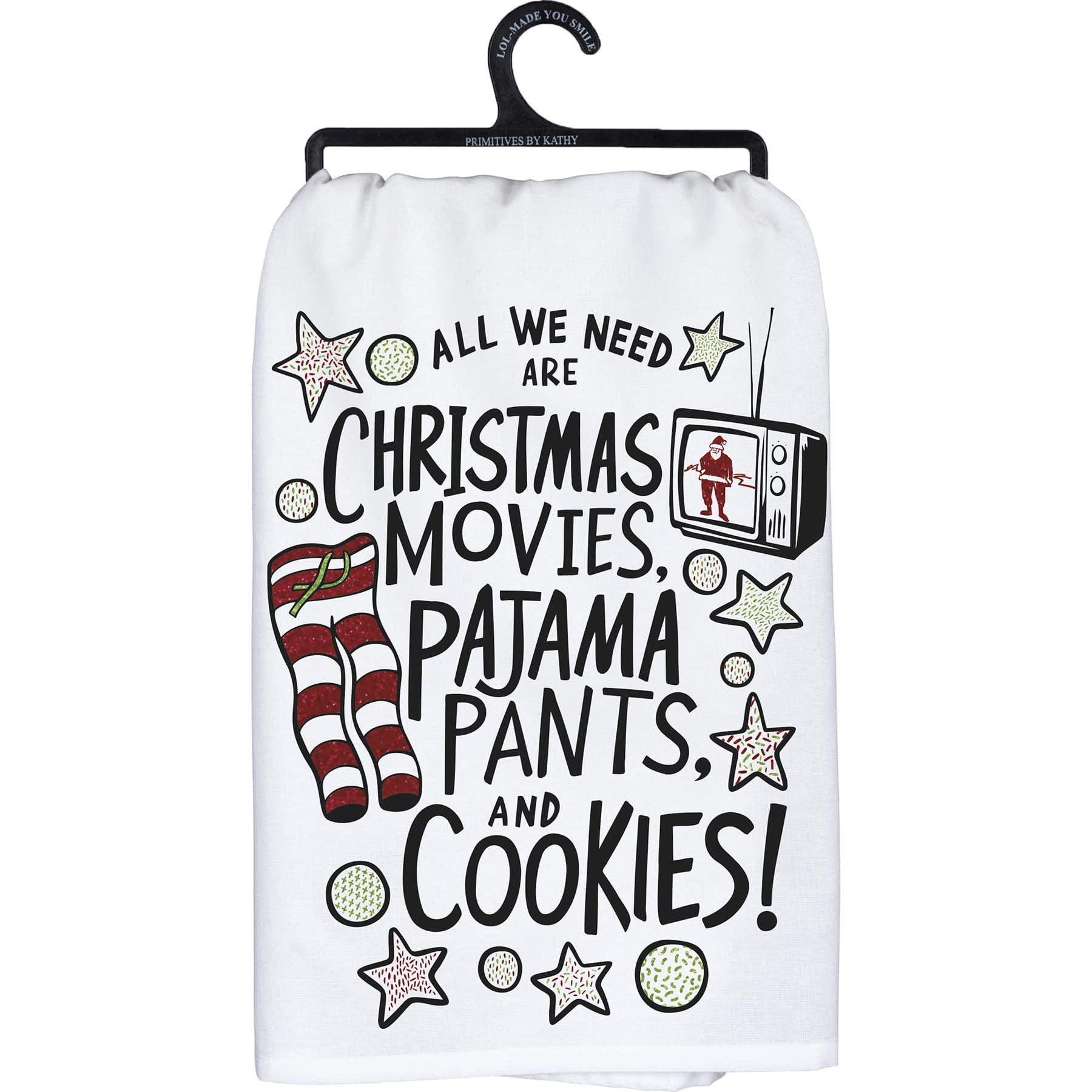 Primitives by Kathy Kitchen Dish Towel - 109659 Christmas Movies Pajama Pants and Cookies