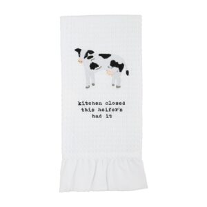 mud pie waffle ruffle edge towel, cow, 25" x 16"