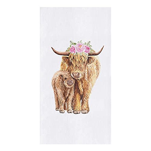 Yun Nist Kitchen Dish Towels,Spring Scottish Highland Cow White Back Soft Microfiber Dish Cloths Reusable Hand Towels,Cartoon Animal Pink Flower Washable Tea Towel for Dishes Counters 1 Pack