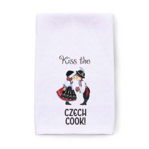 scandinaviangiftoutlet | kiss the czech cook 24x24" decorative print, flour sack dish towels, 100% cotton flour sack kitchen towels | unique gift with loop for easy hanging.