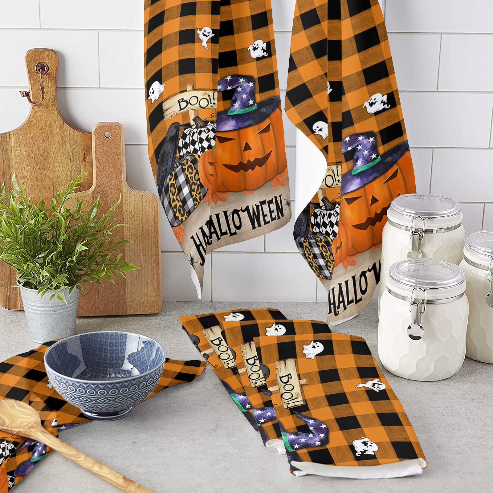 Big buy store Halloween Pumpkin Ghost Crow Kitchen Dish Towels, Soft Lightweight Microfiber Absorbent Hand Towel Orange Black Check Tea Towel for Kitchen Bathroom 18x28in