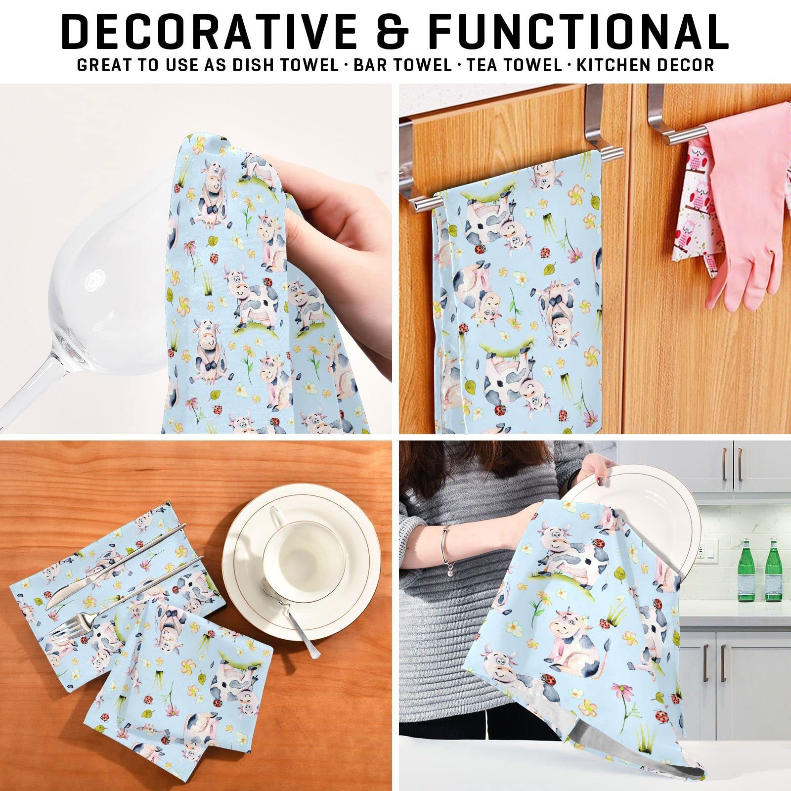 sletend Kitchen Towels or Tea Towels Cow Animal Cartoon 28x18in Polyester Material Dish Towels or Dishcloths with Hanging Loop, Set of 1 Hand Towel for Dining Table Kitchen.