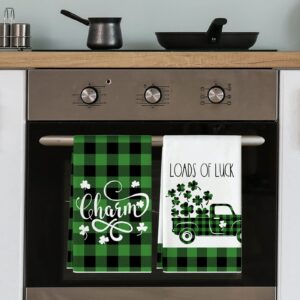 AnyDesign St. Patrick's Day Kitchen Dish Towel Lucky Shamrock Truck Tea Towel Green Black Buffalo Plaids Hand Drying Towel for Cooking Baking Cleaning Wipes, Set of 4. 18 x 28 Inch