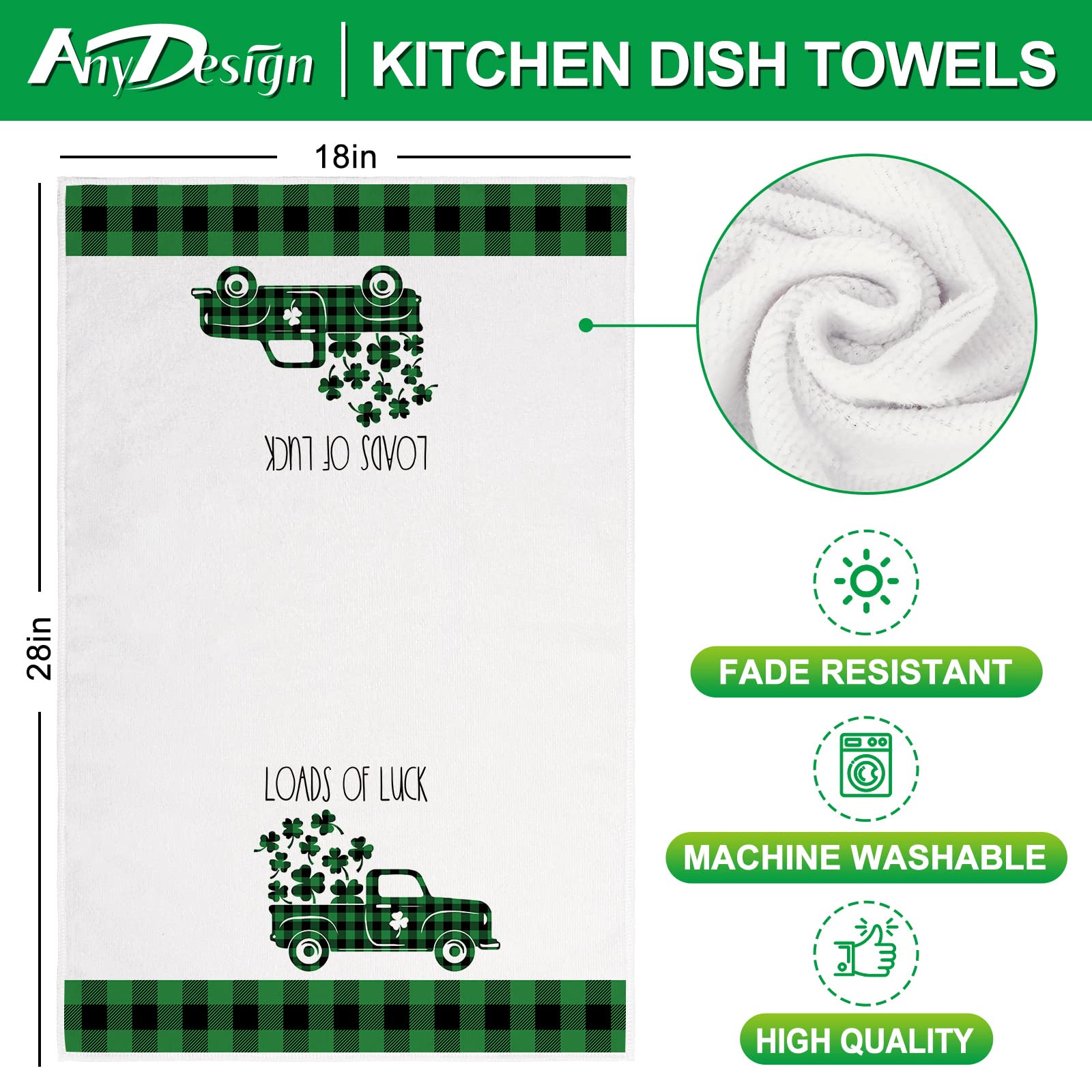 AnyDesign St. Patrick's Day Kitchen Dish Towel Lucky Shamrock Truck Tea Towel Green Black Buffalo Plaids Hand Drying Towel for Cooking Baking Cleaning Wipes, Set of 4. 18 x 28 Inch