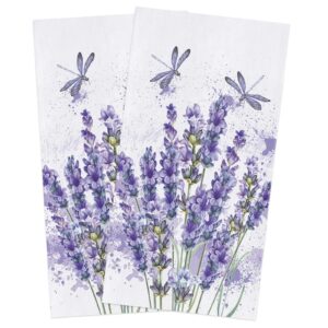 kitchen towels set lavender flower dish towel purple floral dragonfly dishcloths 2 pack, 18x28 inches absorbent soft cotton dish cloths bar towels & tea towels