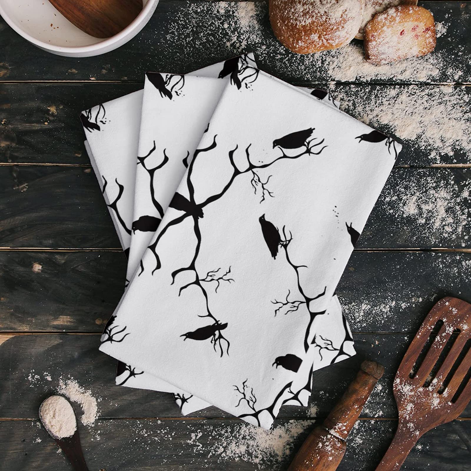 Beisseid Kitchen Dish Towels, Flock of Crows Monochrome Dish Cloth Fingertip Bath Towels Cloth Gothic Raven on Leafless Tree Branches Hand Drying Soft Cotton Tea Towel Set, 18x28in 2PCS