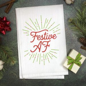 RubiaRojo Holiday Kitchen Towel – Festive AF – White Flour Sack Hand Towel