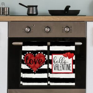 AnyDesign Valentine's Day Kitchen Towel Love Hello Valentine Dish Towel 18 x 28 Inch White Black Stripes Hand Drying Tea Towel for Wedding Anniversary Cooking Baking, Set of 2