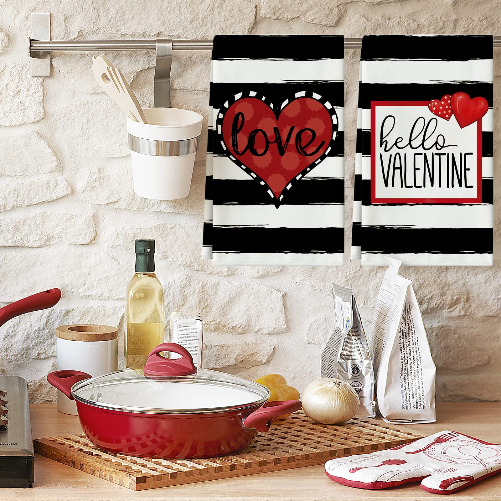 AnyDesign Valentine's Day Kitchen Towel Love Hello Valentine Dish Towel 18 x 28 Inch White Black Stripes Hand Drying Tea Towel for Wedding Anniversary Cooking Baking, Set of 2