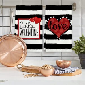 AnyDesign Valentine's Day Kitchen Towel Love Hello Valentine Dish Towel 18 x 28 Inch White Black Stripes Hand Drying Tea Towel for Wedding Anniversary Cooking Baking, Set of 2