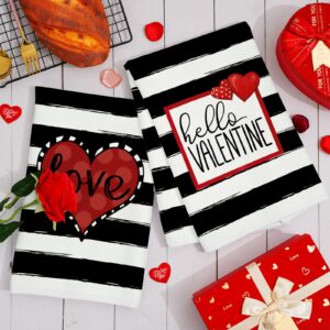 AnyDesign Valentine's Day Kitchen Towel Love Hello Valentine Dish Towel 18 x 28 Inch White Black Stripes Hand Drying Tea Towel for Wedding Anniversary Cooking Baking, Set of 2