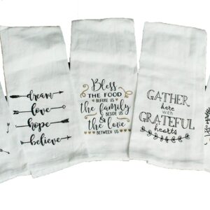 Set of 5 Sentiment Kitchen Dish Towels - Teacher Gift, Christmas Gift for Women, Hostess Gift, White Flour Sack Baking and Cooking Related Kitchen Towels Gift Set - Comes in Organza Gift Bag