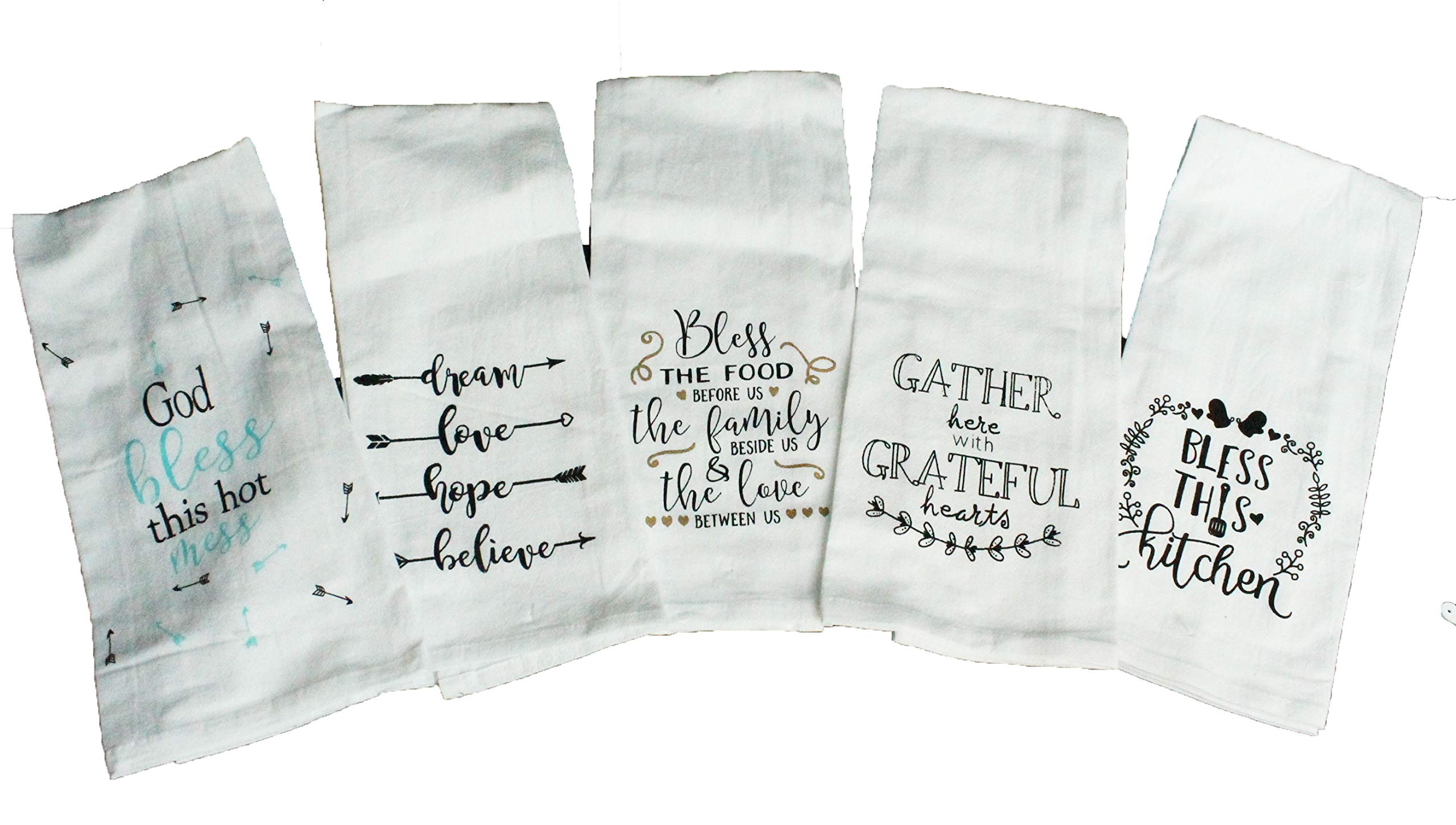 Set of 5 Sentiment Kitchen Dish Towels - Teacher Gift, Christmas Gift for Women, Hostess Gift, White Flour Sack Baking and Cooking Related Kitchen Towels Gift Set - Comes in Organza Gift Bag