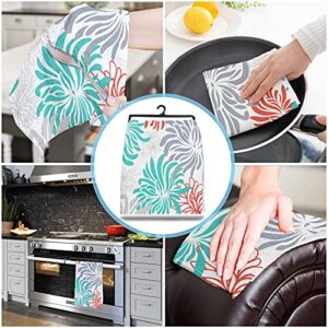 Zadaling Chrysanthemum Red Green Gray Turquoise Kitchen Towels, 18x28 Inches Soft Dish Cloth,Cotton Tea Towels/Bar Towels/Hand Towels for Bathroom(2 Pack)