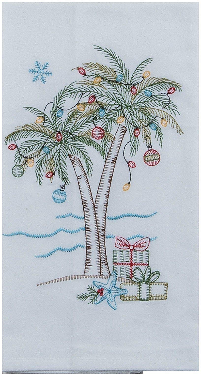 Holiday Palm Trees and Gifts Embroidered Flour Sack Kitchen Dish Towel