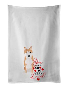 caroline's treasures wdk4031wtkt shiba inu red #1 so loved white kitchen towel set of 2 dish towels decorative bathroom hand towel for hand, face, hair, yoga, tea, dishcloth, 19 x 25, white