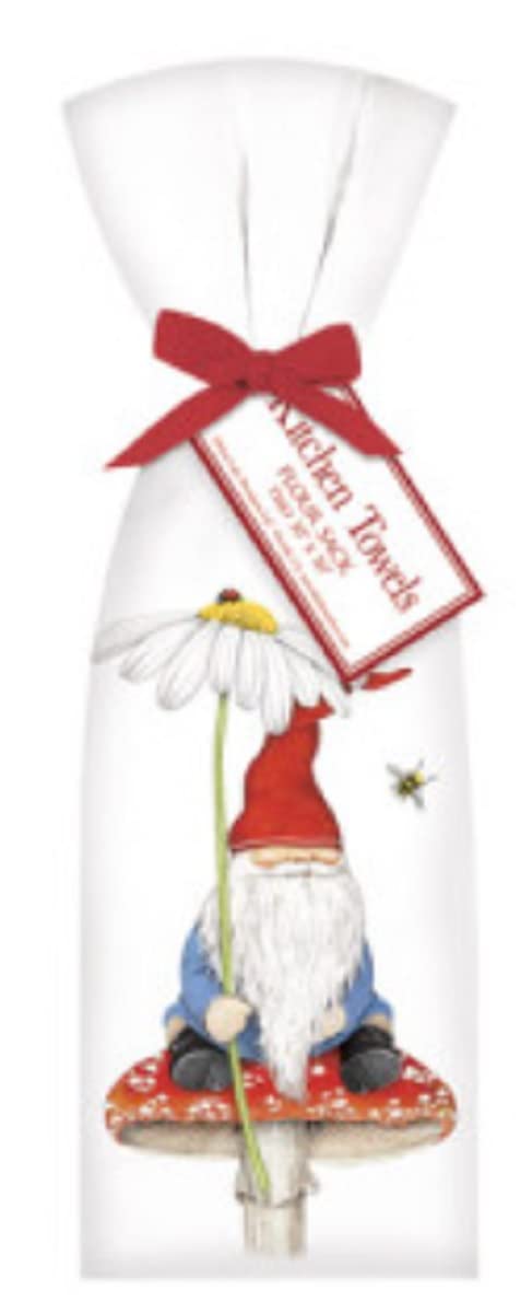 Mary Lake Thompson T680 2 Toadstool Gnome Ribbon Tied Flour Sack Towels 30 Inches Square, Screen Print Design in Lower Center Only