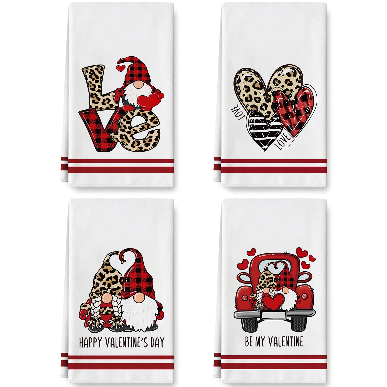 AnyDesign Valentine's Day Kitchen Dish Towels 18 x 28 Inch Love Heart Gnome Truck Dishcloth Decorative Tea Towel Hand Towel Holiday Cloth Towel for Bathroom Cooking Baking Housewarming Gift, 4 Pack