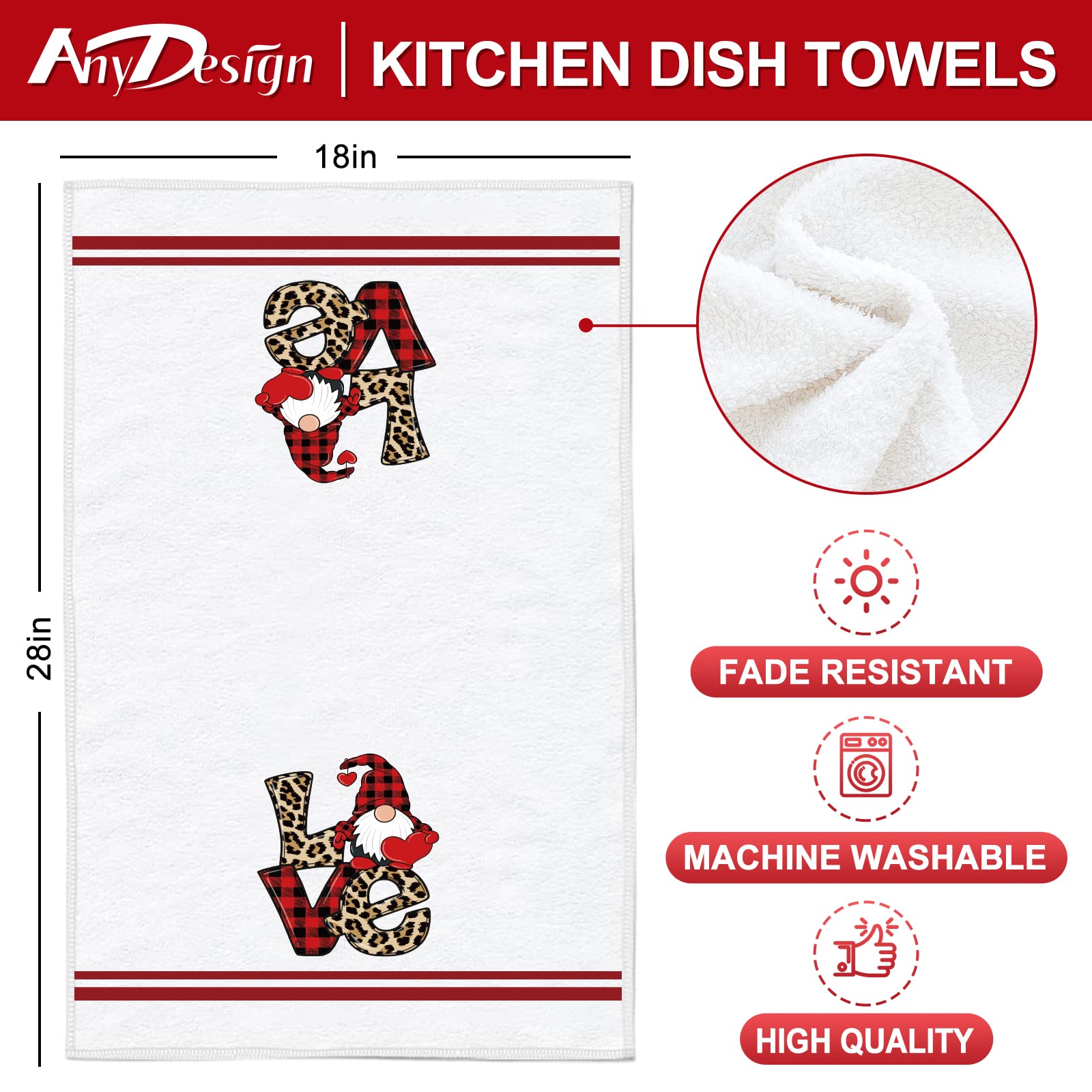 AnyDesign Valentine's Day Kitchen Dish Towels 18 x 28 Inch Love Heart Gnome Truck Dishcloth Decorative Tea Towel Hand Towel Holiday Cloth Towel for Bathroom Cooking Baking Housewarming Gift, 4 Pack