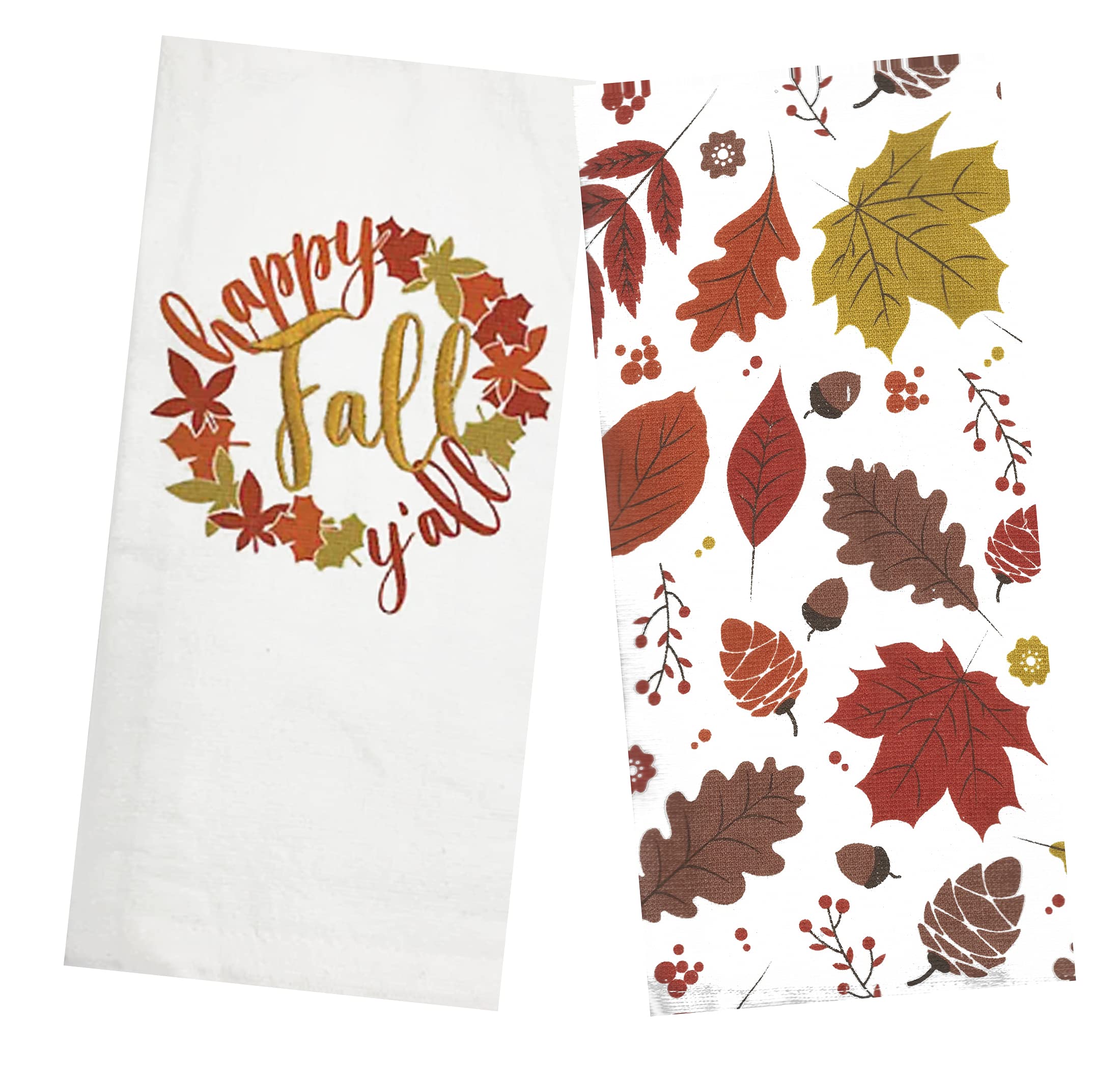 Mainstream Fall Kitchen Towels, Set of 2, Happy Fall Y all with Tossed Leaf Acorn Print Cotton Dual-Sided Terry Dishtowels Drying Cloth 16*26 inches White, Rust, Gold, Tan, Brown