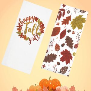 Mainstream Fall Kitchen Towels, Set of 2, Happy Fall Y all with Tossed Leaf Acorn Print Cotton Dual-Sided Terry Dishtowels Drying Cloth 16*26 inches White, Rust, Gold, Tan, Brown