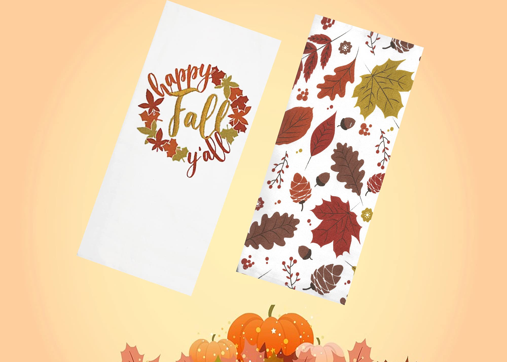 Mainstream Fall Kitchen Towels, Set of 2, Happy Fall Y all with Tossed Leaf Acorn Print Cotton Dual-Sided Terry Dishtowels Drying Cloth 16*26 inches White, Rust, Gold, Tan, Brown