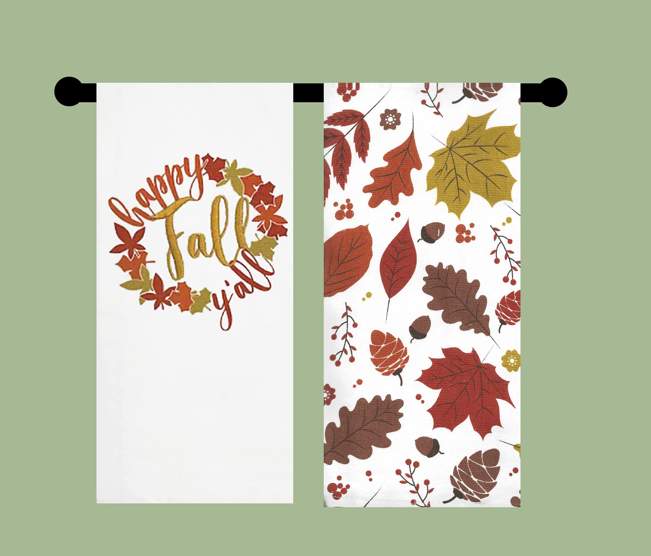 Mainstream Fall Kitchen Towels, Set of 2, Happy Fall Y all with Tossed Leaf Acorn Print Cotton Dual-Sided Terry Dishtowels Drying Cloth 16*26 inches White, Rust, Gold, Tan, Brown