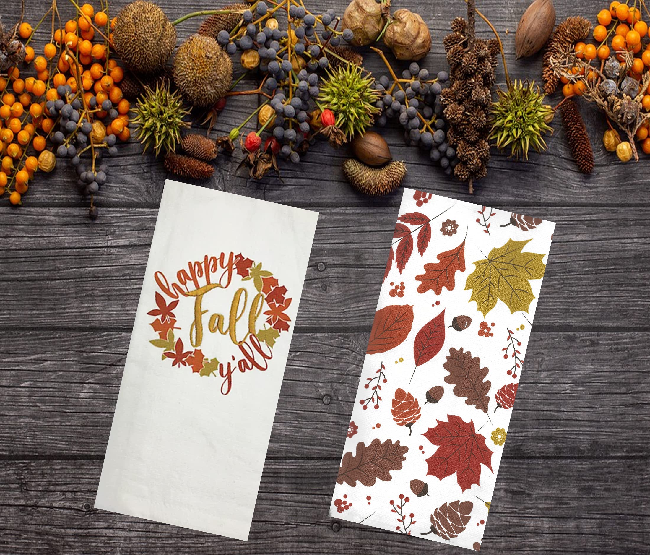 Mainstream Fall Kitchen Towels, Set of 2, Happy Fall Y all with Tossed Leaf Acorn Print Cotton Dual-Sided Terry Dishtowels Drying Cloth 16*26 inches White, Rust, Gold, Tan, Brown