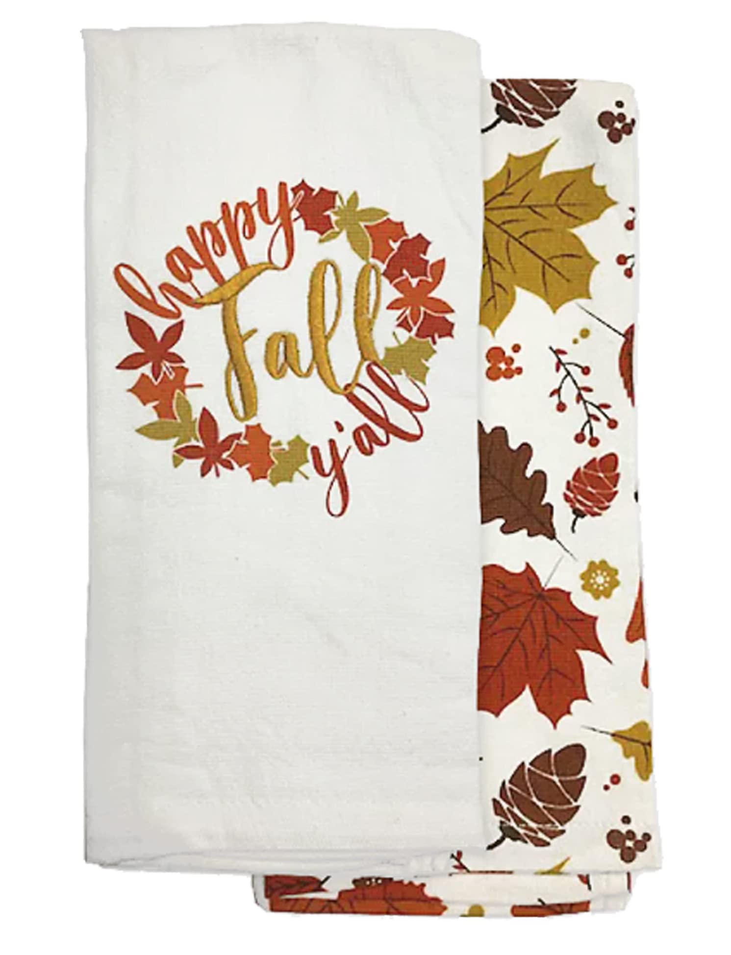 Mainstream Fall Kitchen Towels, Set of 2, Happy Fall Y all with Tossed Leaf Acorn Print Cotton Dual-Sided Terry Dishtowels Drying Cloth 16*26 inches White, Rust, Gold, Tan, Brown