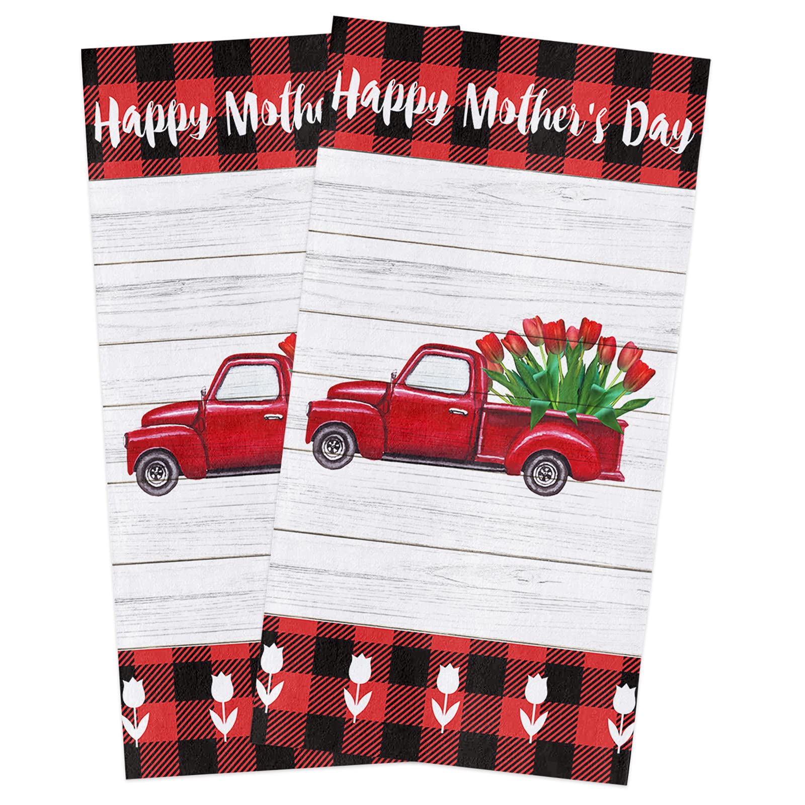 Zadaling Happy Mothers' Day Red Truck Flower Buffalo Wood Kitchen Towels, 18x28 Inches Soft Dish Cloth,Cotton Tea Towels/Bar Towels/Hand Towels for Bathroom(2 Pack)