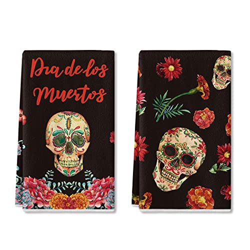 Artoid Mode Skull Flowers Dia de Los Muertos Halloween Kitchen Towels Dish Towels, 18x26 Inch Day of The Dead in Mexico Decor Hand Towels Set of 2