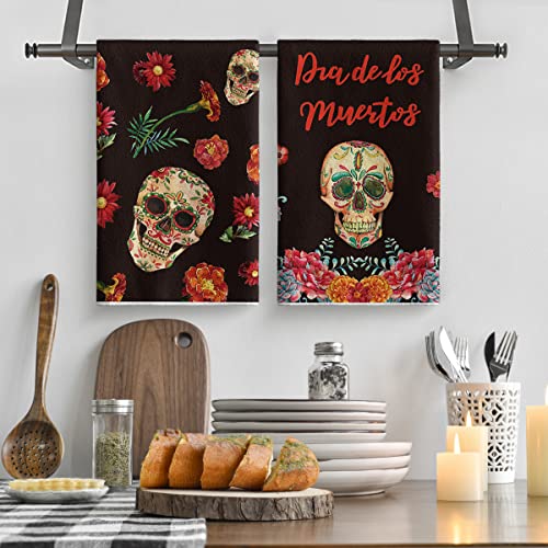 Artoid Mode Skull Flowers Dia de Los Muertos Halloween Kitchen Towels Dish Towels, 18x26 Inch Day of The Dead in Mexico Decor Hand Towels Set of 2