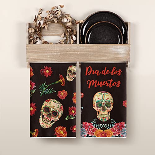 Artoid Mode Skull Flowers Dia de Los Muertos Halloween Kitchen Towels Dish Towels, 18x26 Inch Day of The Dead in Mexico Decor Hand Towels Set of 2