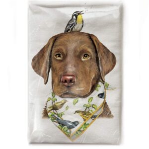 mary lake-thompson lab with bird and bandana cotton flour sack dish towel