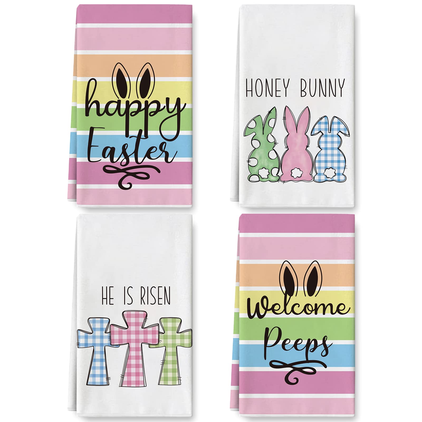 Whaline Easter Kitchen Towel 4 Pack Easter Bunny Rabbit Dish Towels 18 x 28 Inch Colorful Stripes Hand Drying Tea Towel for Spring Holiday Cooking Baking Cleaning Wipes