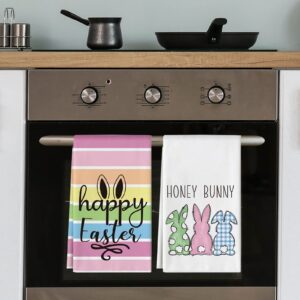 Whaline Easter Kitchen Towel 4 Pack Easter Bunny Rabbit Dish Towels 18 x 28 Inch Colorful Stripes Hand Drying Tea Towel for Spring Holiday Cooking Baking Cleaning Wipes