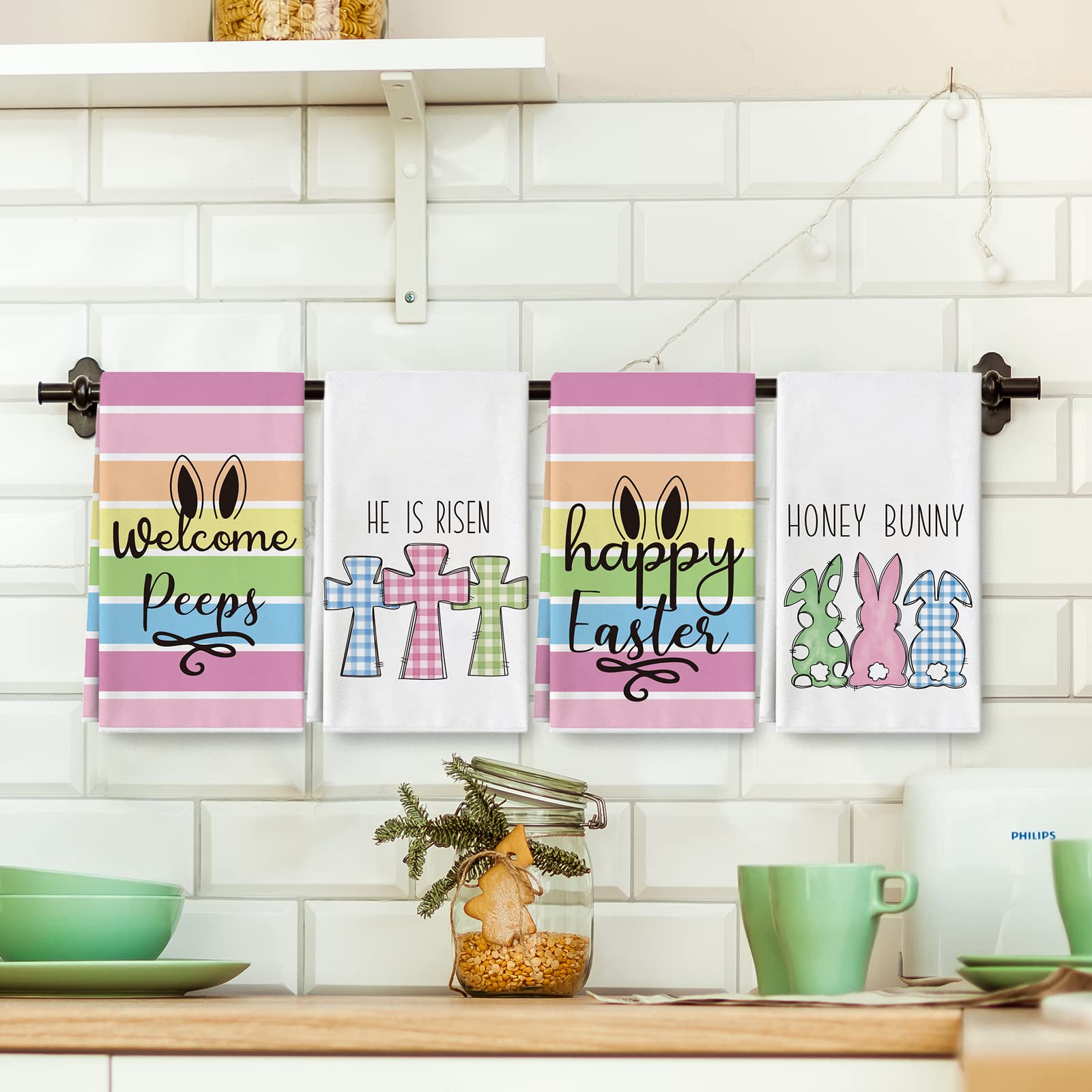 Whaline Easter Kitchen Towel 4 Pack Easter Bunny Rabbit Dish Towels 18 x 28 Inch Colorful Stripes Hand Drying Tea Towel for Spring Holiday Cooking Baking Cleaning Wipes