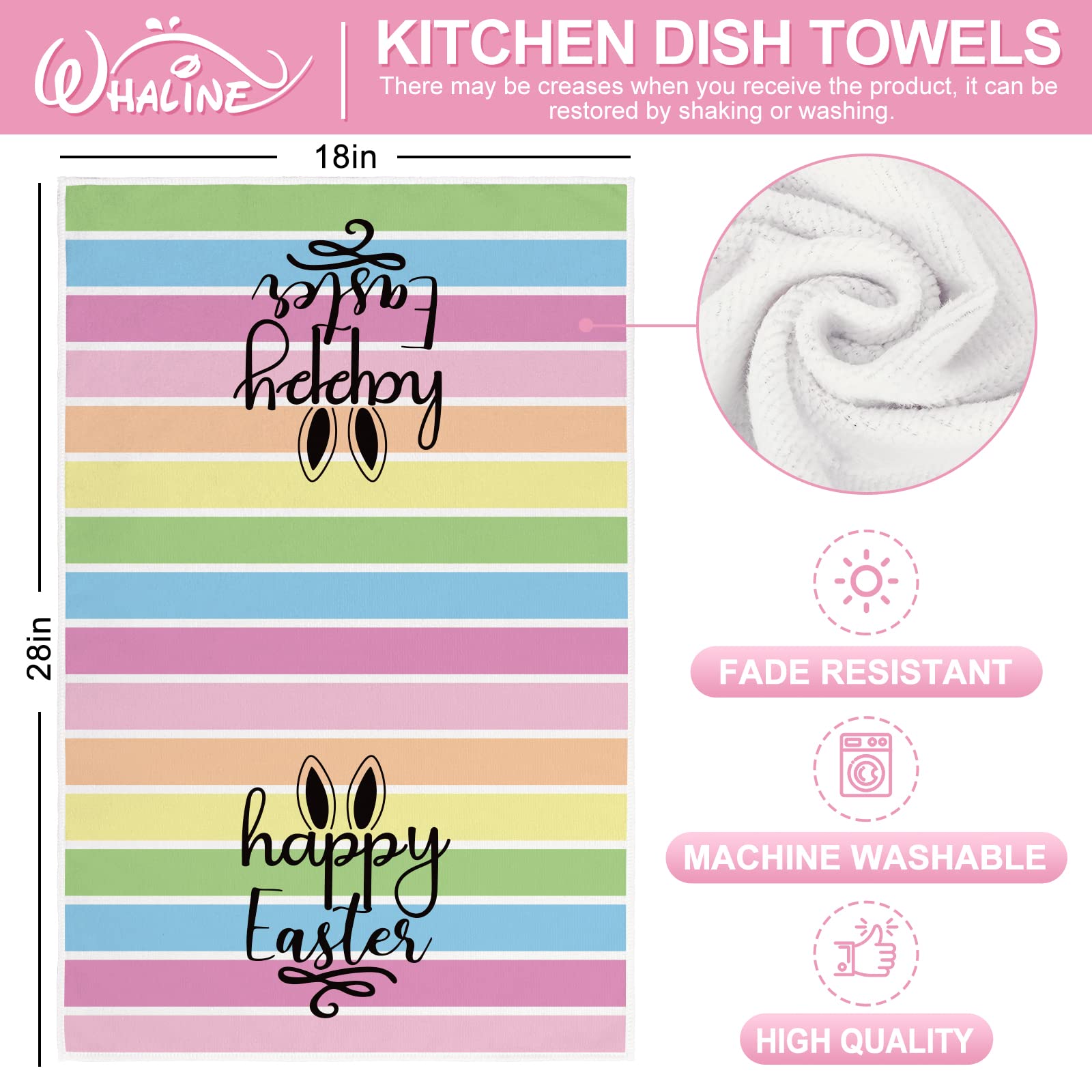 Whaline Easter Kitchen Towel 4 Pack Easter Bunny Rabbit Dish Towels 18 x 28 Inch Colorful Stripes Hand Drying Tea Towel for Spring Holiday Cooking Baking Cleaning Wipes