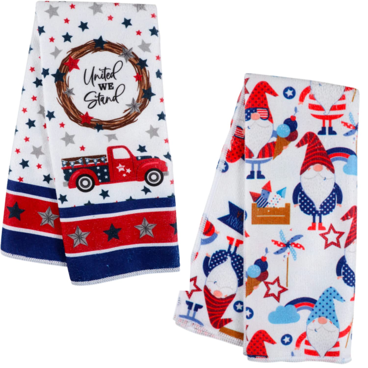 Kitchen Towel Set - Patriotic Decor - Show Your Patriotism with These Beautiful Red Truck and Gnomes Kitchen Towels - Two Red White and Blue Dish Towels - Americana Home Decoration - Gnome Decor